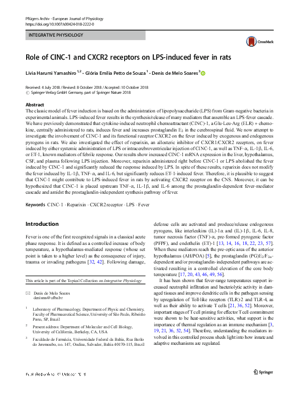 (PDF) Role of CINC-1 and CXCR2 receptors on LPS-induced fever in rats