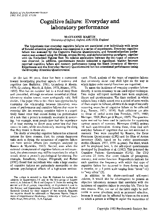 (PDF) Cognitive failure: Everyday and laboratory performance