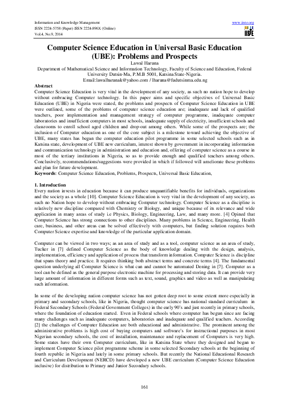 (PDF) Computer Science Education in Universal Basic Education (UBE): Problems and Prospects