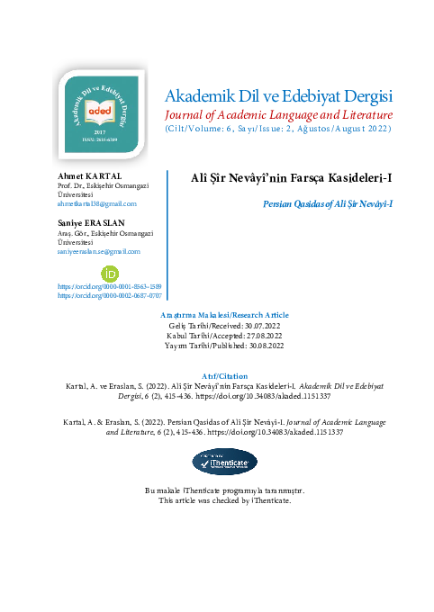 (PDF) Alî Şîr Nevâyî’nin Farsça Kasideleri-I