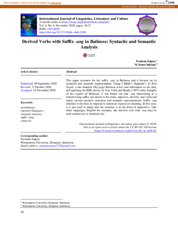 (PDF) Derived verbs with suffix -ang in Balinese: syntactic and ...