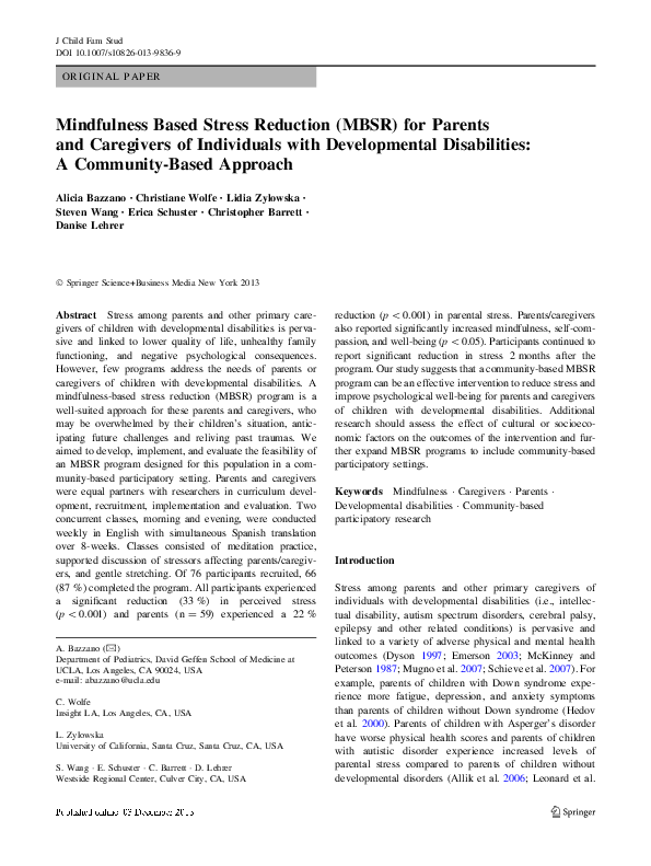 (PDF) Mindfulness Based Stress Reduction (MBSR) for Parents and Caregivers of Individuals with ...