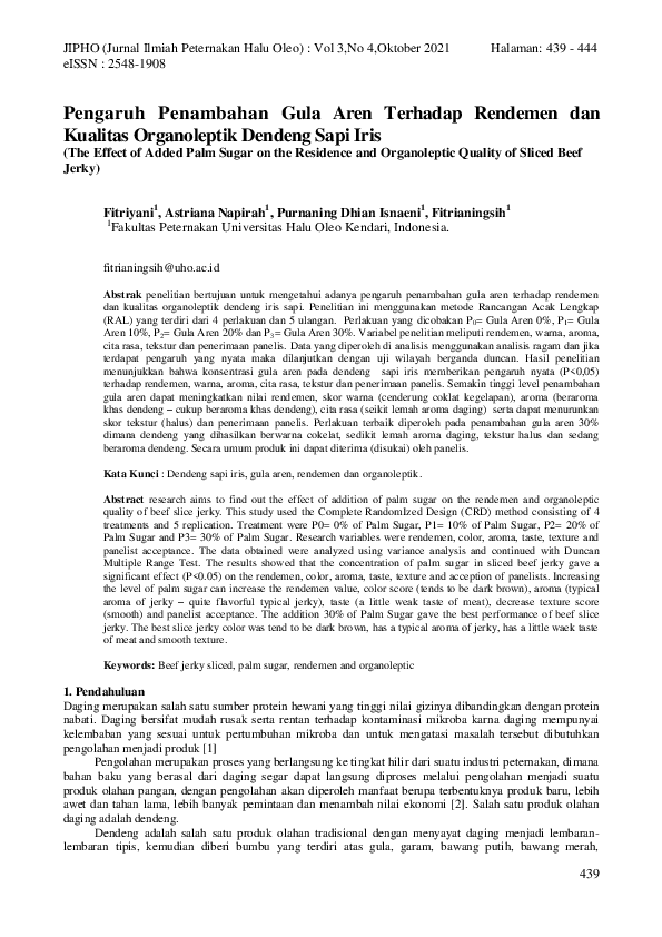 (PDF) Pengaruh Penambahan Gula Aren Terhadap Rendemen dan Kualitas Organoleptik Dendeng Sapi Iris