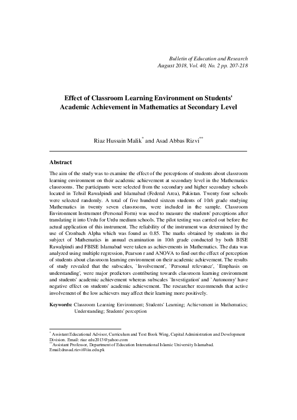 (PDF) Effect of Classroom Learning Environment on Students' Academic ...