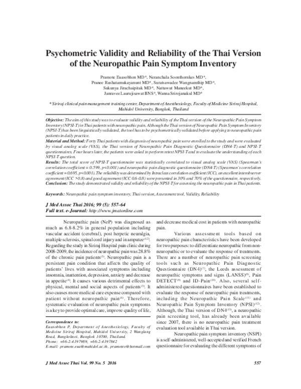 (PDF) Psychometric Validity and Reliability of the Thai Version of the Neuropathic Pain Symptom ...