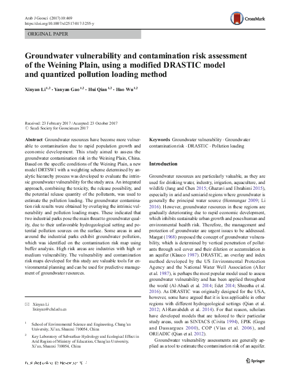 Pdf Groundwater Vulnerability And Contamination Risk Assessment Using Gis Based Modified