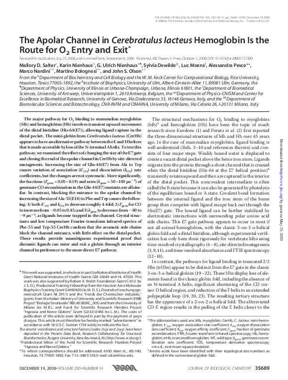 (PDF) The Apolar Channel in Cerebratulus lacteus Hemoglobin Is the ...