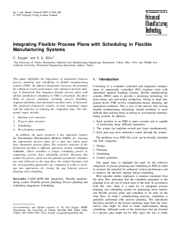 (PDF) Integrating Flexible Process Plans with Scheduling in Flexible Manufacturing Systems