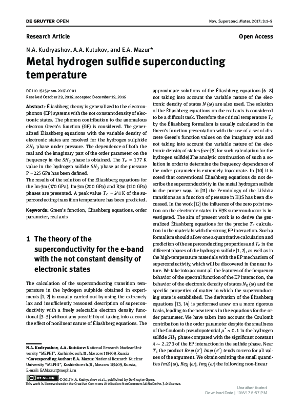 Metal hydrogen sulfide superconducting temperature calculation