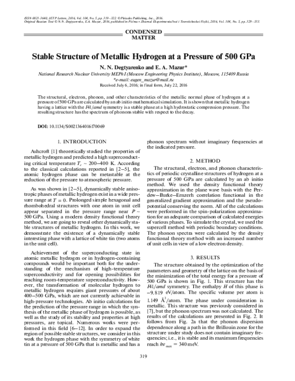 (PDF) Stable structure of metallic hydrogen at a pressure of 500 GPa