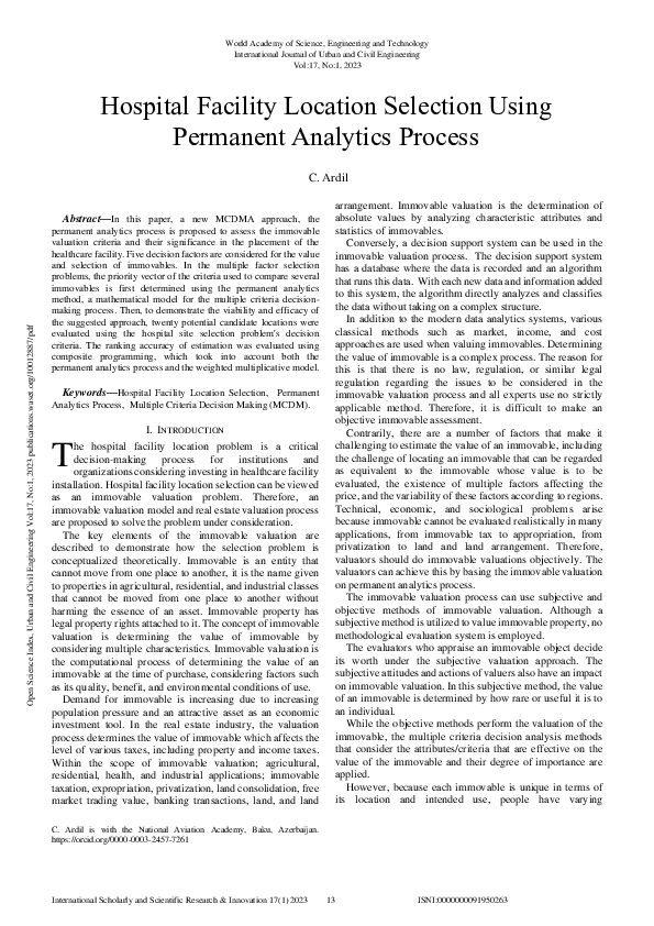 Pdf Hospital Facility Location Selection Using Permanent Analytics Process Cemal Ardil