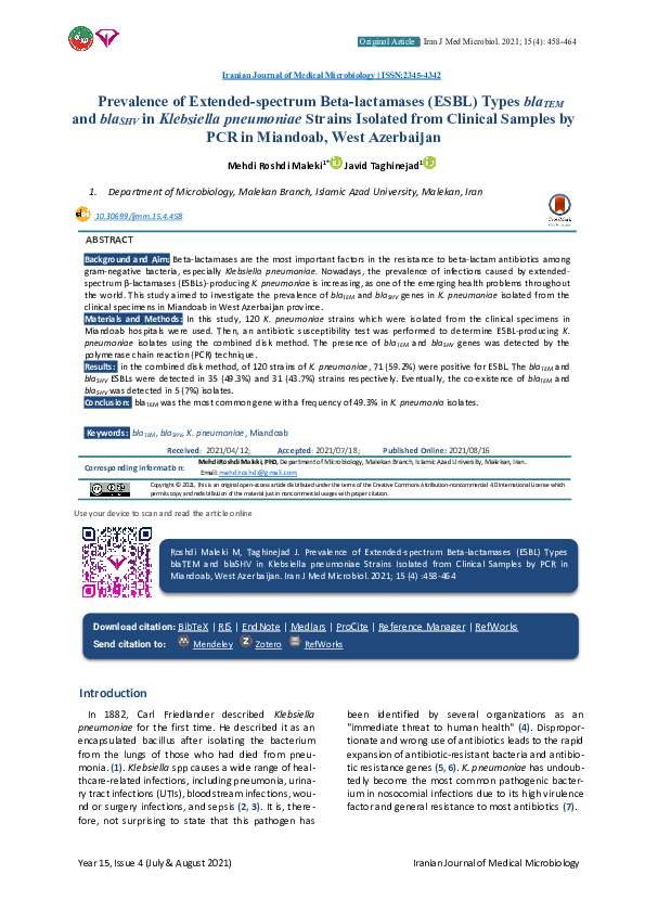 (PDF) Prevalence of Extended-spectrum Beta-lactamases (ESBL) Types ...