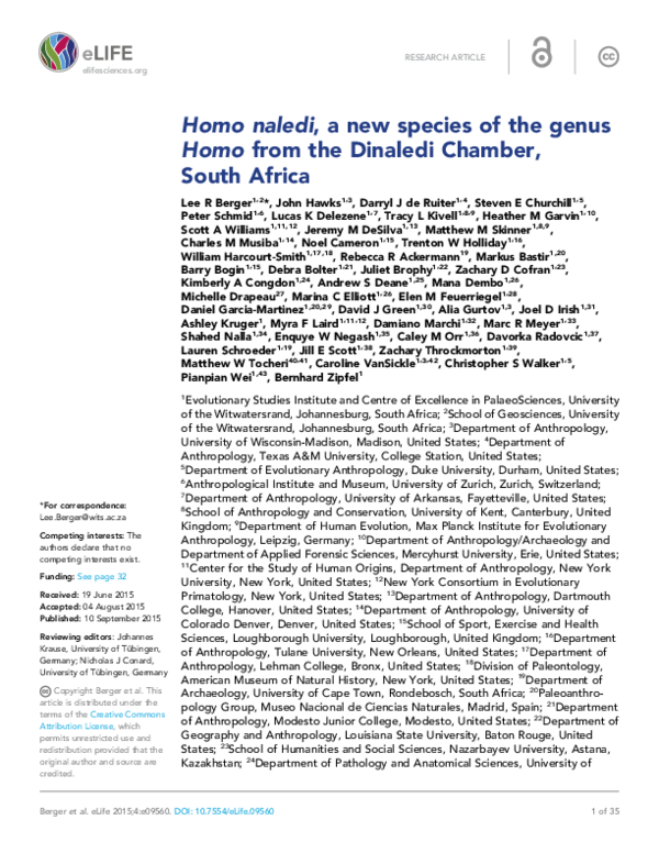 (PDF) Homo naledi, a new species of the genus Homo from the Dinaledi ...