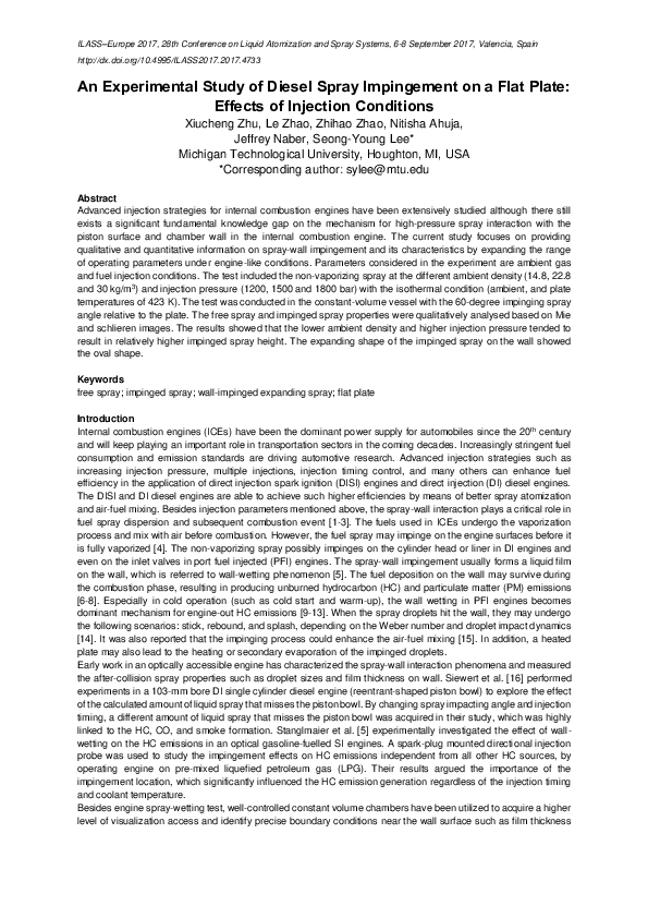 (PDF) An Experimental Study of Diesel Spray Impingement on a Flat Plate ...
