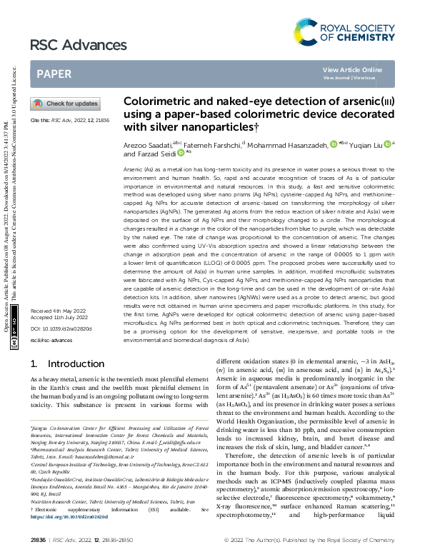 Pdf Colorimetric And Naked Eye Detection Of Arsenic Iii Using A