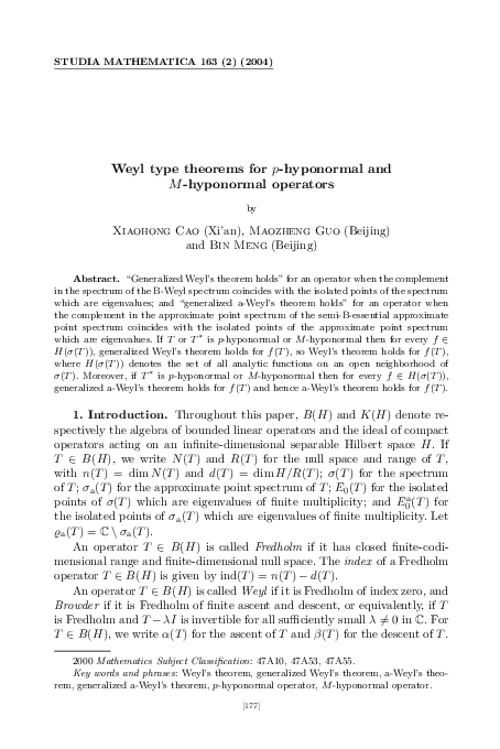 Pdf Weyl Type Theorems For P Hyponormal And M Hyponormal Operators