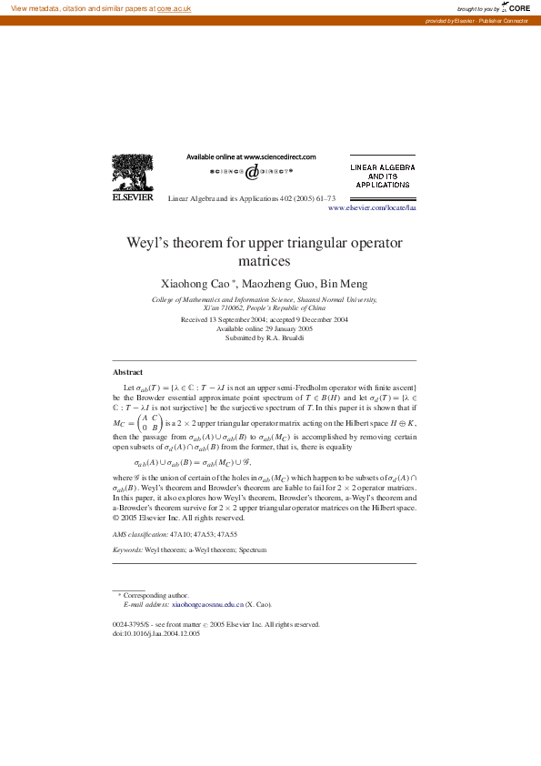 (PDF) Weyl’s theorem for upper triangular operator matrices