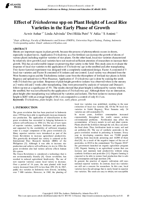 (PDF) Effect of Trichoderma spp on Plant Height of Local Rice Varieties in the Early Phase of Growth