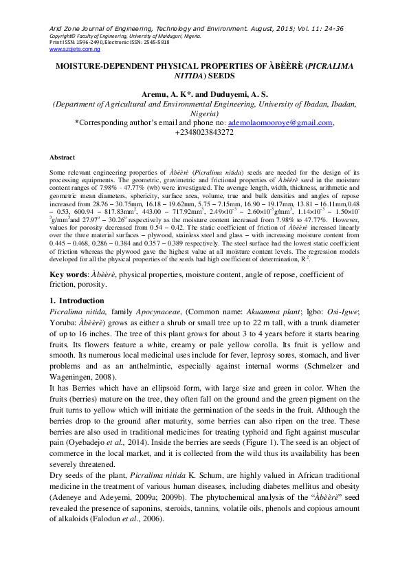 (PDF) Moisture-Dependent Physical Properties of Àbèèrè (Picralima ...
