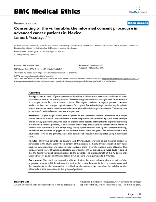 (PDF) Consenting of the vulnerable: the informed consent procedure in ...