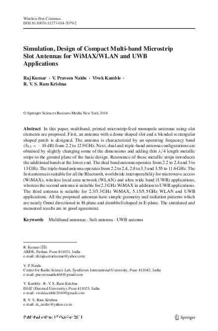 (PDF) Simulation, Design of Compact Multi-band Microstrip Slot Antennas for WiMAX/WLAN and UWB ...