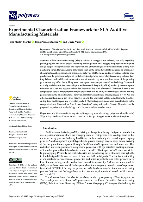 (PDF) Experimental Characterization Framework for SLA Additive Manufacturing Materials