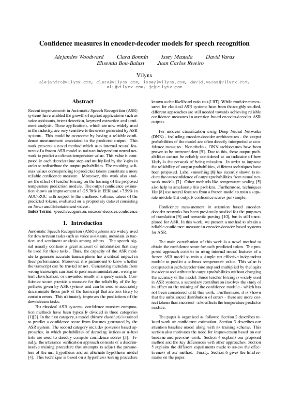 (PDF) Confidence Measures in Encoder-Decoder Models for Speech Recognition