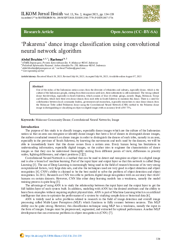 (PDF) Pakarena' dance image classification using convolutional neural network algorithm