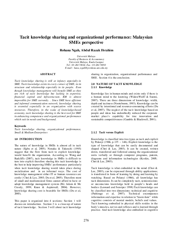 (PDF) Tacit knowledge sharing and organizational performance: Malaysian SMEs perspective