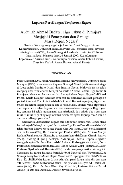 (PDF) Conference report: Abdullah Ahmad Badawi tiga tahun di Putrajaya: menjejaki pencapaian dan ...