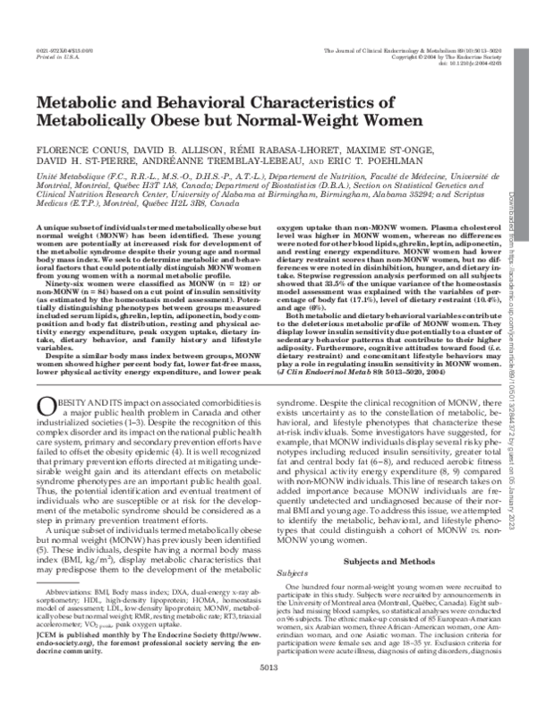 (PDF) Metabolic and Behavioral Characteristics of Metabolically Obese ...
