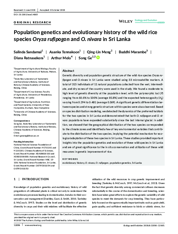 (PDF) Population genetics and evolutionary history of the wild rice species Oryza rufipogon and ...