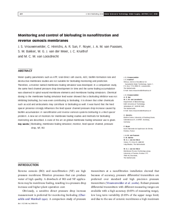 (PDF) Monitoring and control of biofouling in nanofiltration and reverse osmosis membranes
