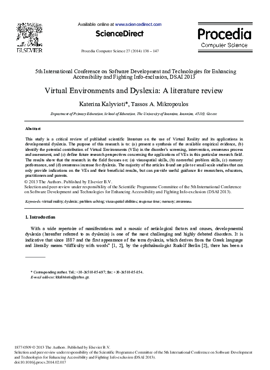 (PDF) Virtual Environments and Dyslexia: A Literature Review