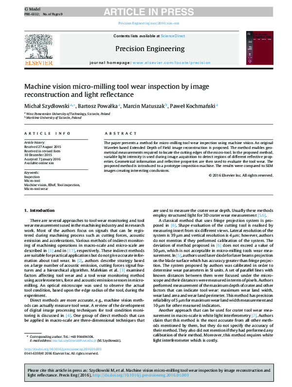 Pdf Machine Vision Micro Milling Tool Wear Inspection By Image Reconstruction And Light
