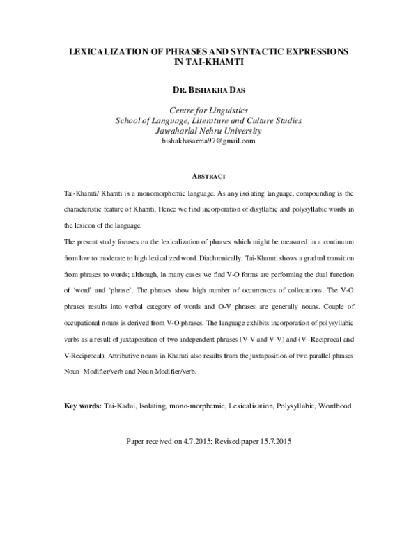 (PDF) Lexicalization of Phrases and Syntactic Expressions in Tai-Khamti