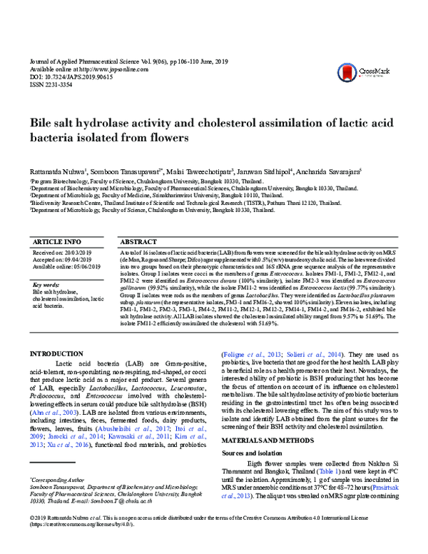 (PDF) Bile salt hydrolase activity and cholesterol assimilation of lactic acid bacteria isolated ...