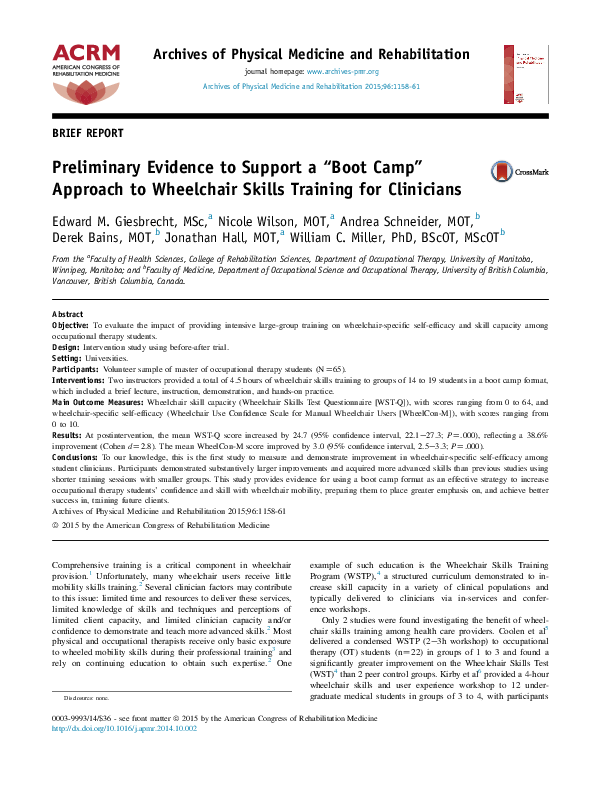 (PDF) Preliminary Evidence to Support a “Boot Camp” Approach to Wheelchair Skills Training for ...