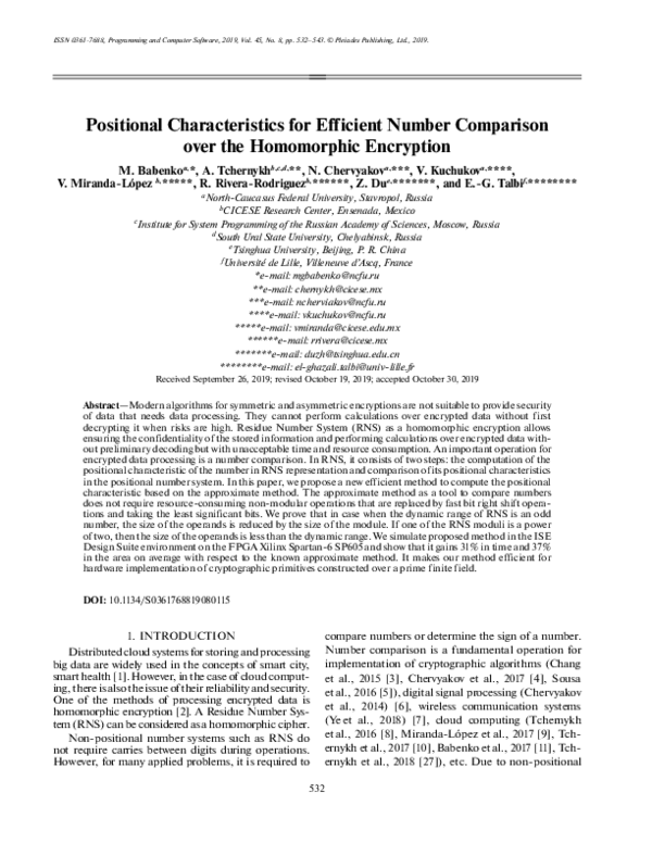 (PDF) Positional Characteristics for Efficient Number Comparison over the Homomorphic Encryption