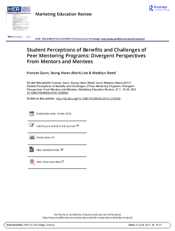 (PDF) Student Perceptions of Benefits and Challenges of Peer Mentoring Programs: Divergent ...