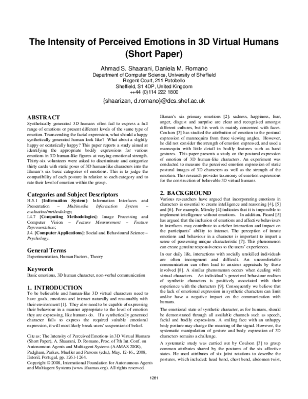 (PDF) The intensity of perceived emotions in 3D virtual humans