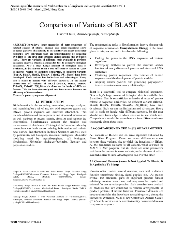 (PDF) Comparison of Variants of BLAST