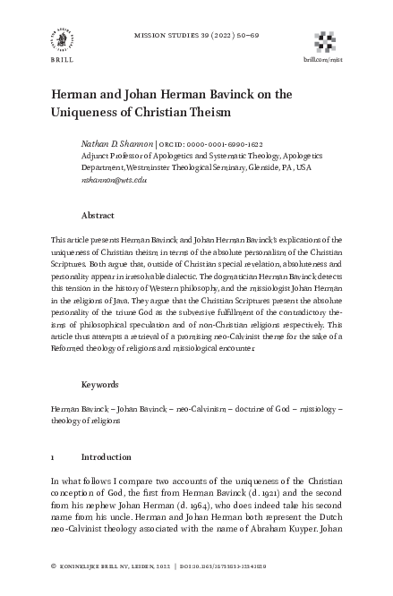 (PDF) Herman and Johan Herman Bavinck on the Uniqueness of Christian Theism