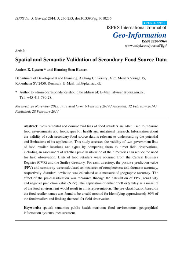 (PDF) Spatial and Semantic Validation of Secondary Food Source Data