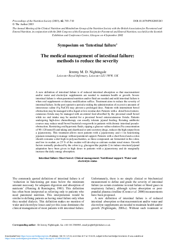 (PDF) The medical management of intestinal failure: methods to reduce ...