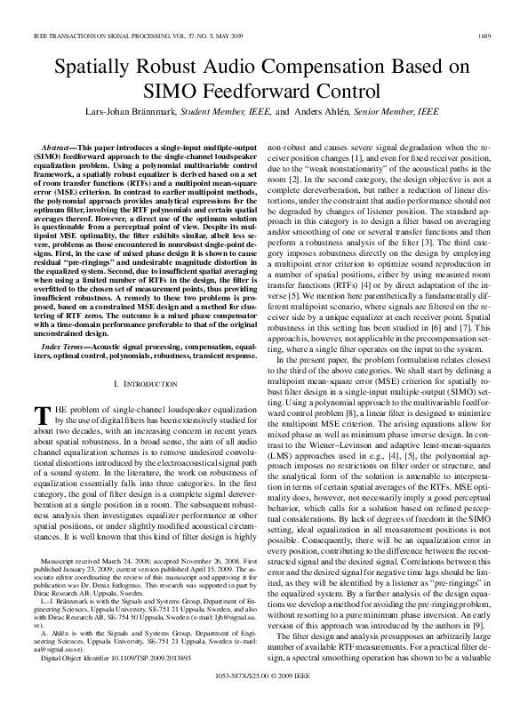 (PDF) Spatially Robust Audio Compensation Based on SIMO Feedforward Control