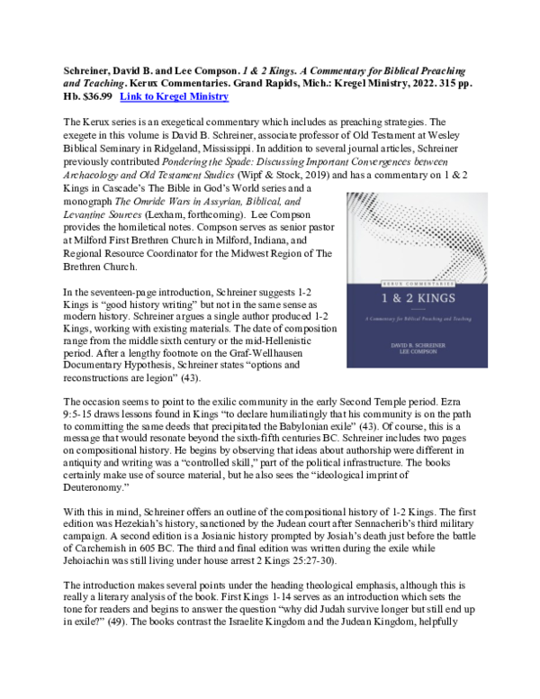 (PDF) David B. Schreiner, and Lee Compson. 1 & 2 Kings. A Commentary ...
