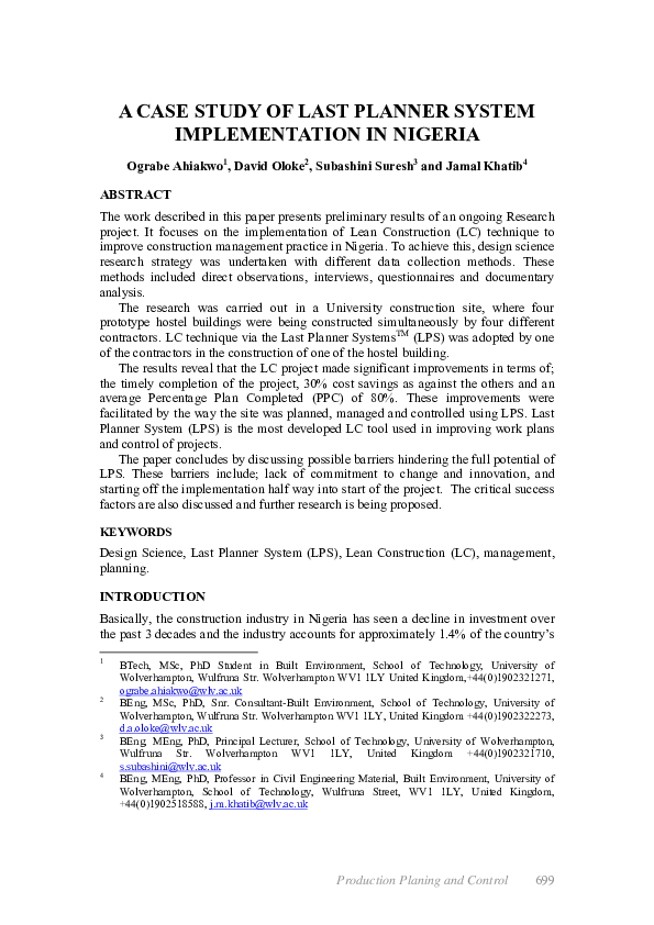 (PDF) A Case Study of Last Planner System Implementation in Nigeria | Jamal Khatib - Academia.edu