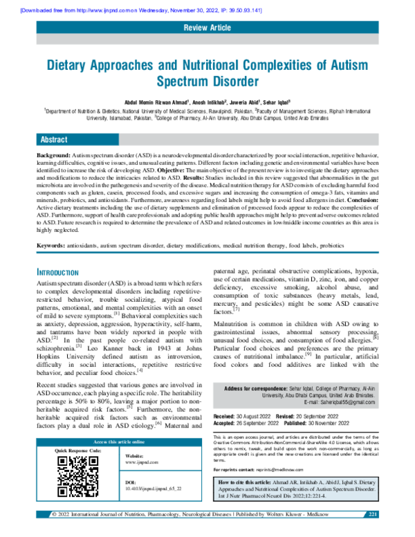 (PDF) Dietary Approaches and Nutritional Complexities of Autism ...