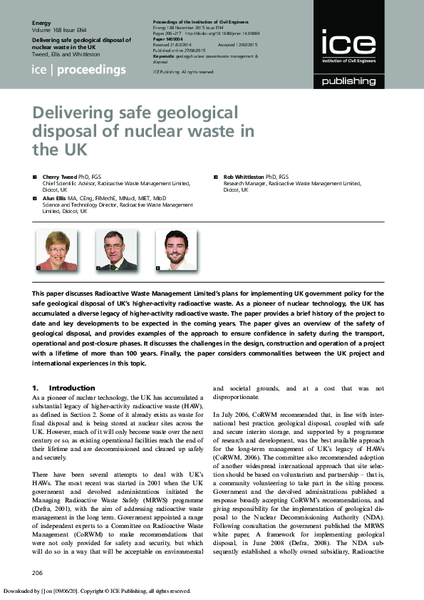 (PDF) Delivering safe geological disposal of nuclear waste in the UK